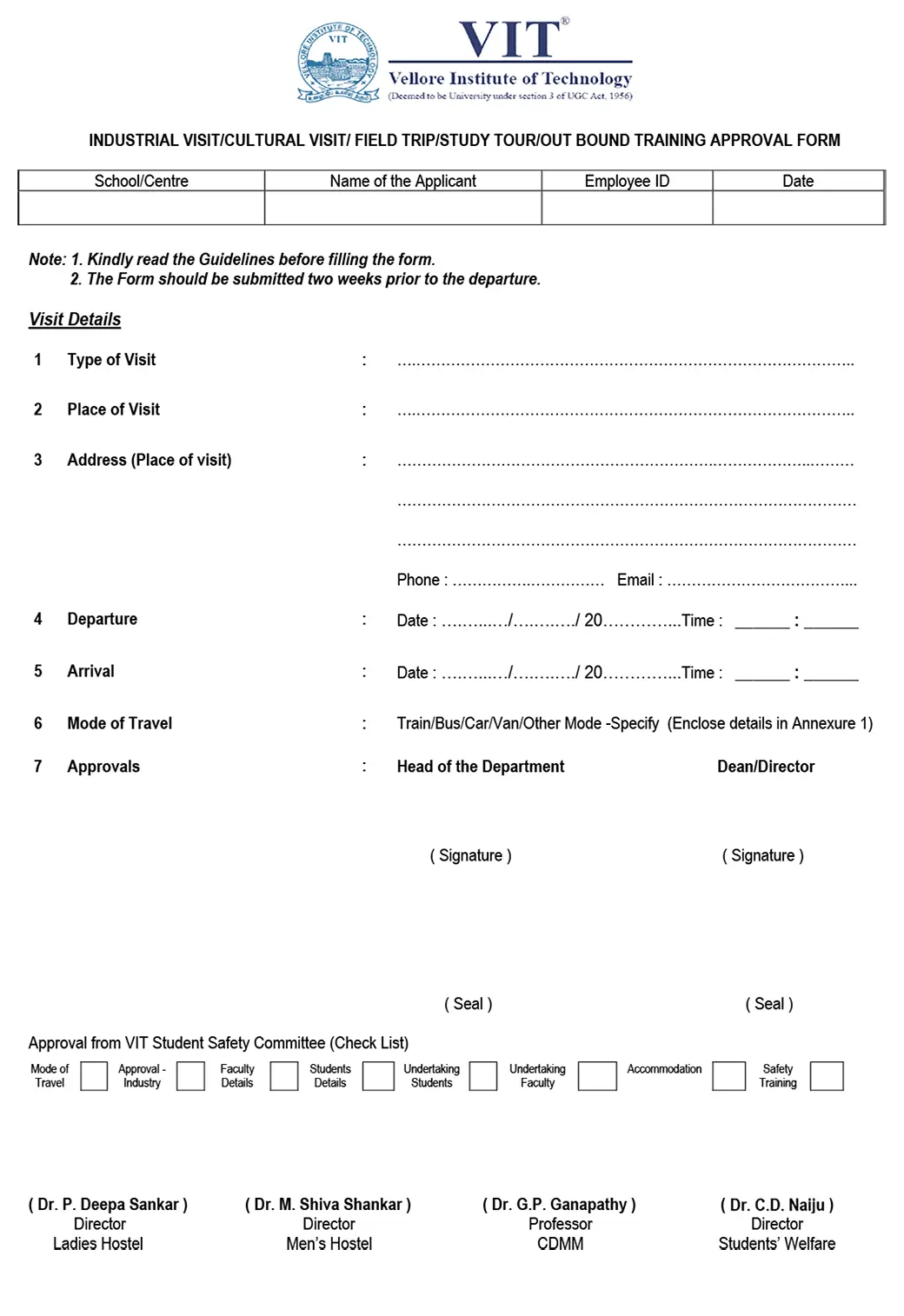 Industrial Visit Form - Vellore Institute of Technology